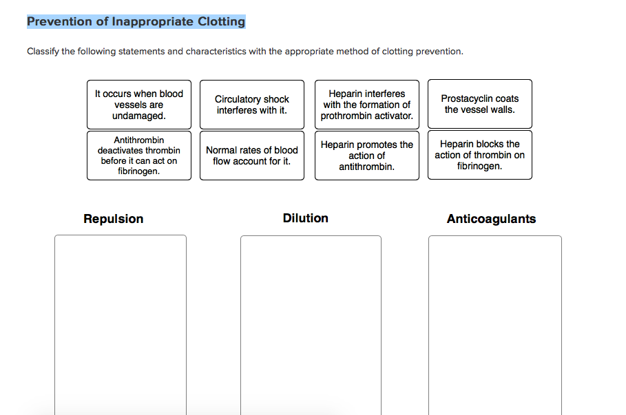 Solved Prevention of Inappropriate Clotting Classify the | Chegg.com Solved Prevention of Inappropriate Clotting Classify the | Chegg.com