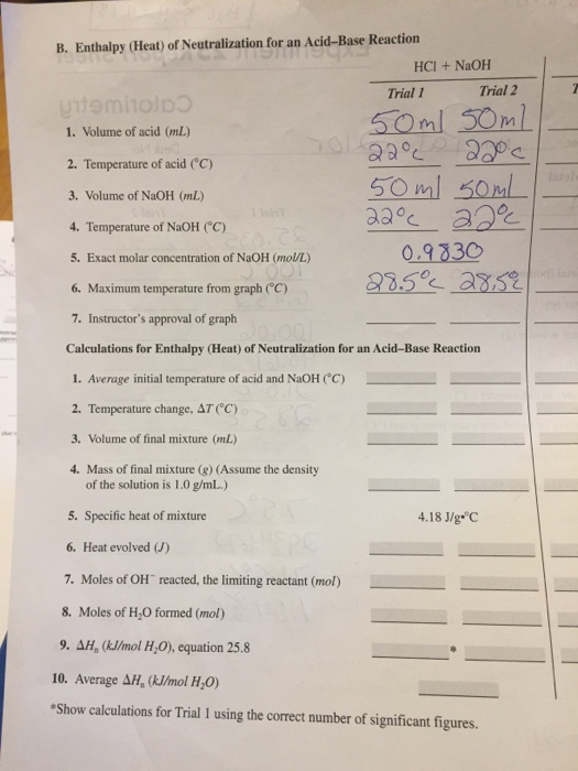 Solved Enthalpy (Heat) of Neutralization for an Acid-Base | Chegg.com