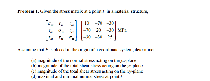 Solved Given the stress matrix at a point P in a material | Chegg.com