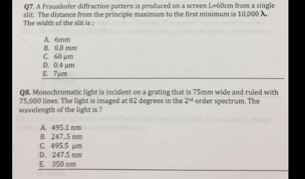 Solved Q7. A Fraunhofer diffraction pattern is produced on a | Chegg.com