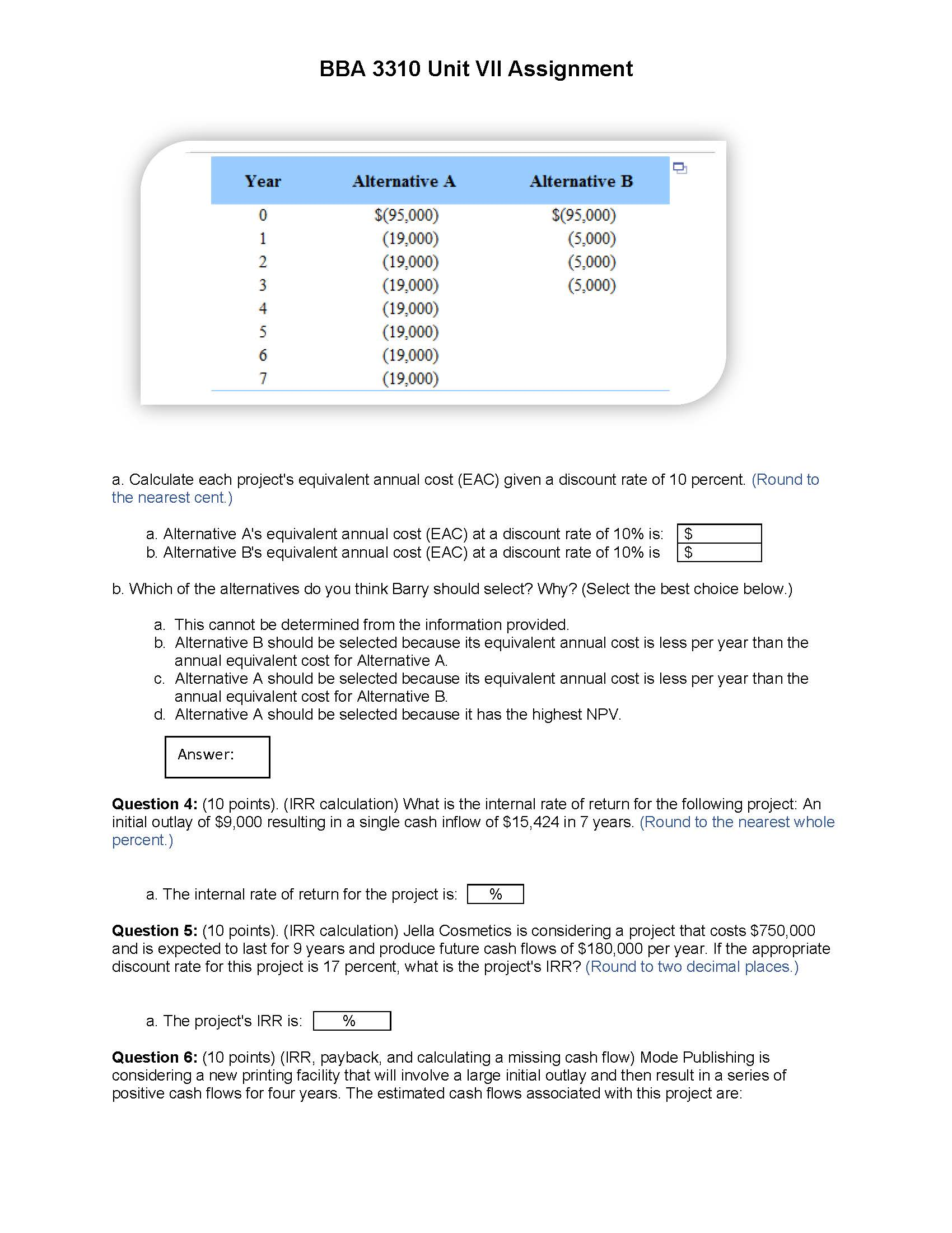 Solved BBA 3310 Unit VIl Assignment Instructions: Enter all | Chegg.com