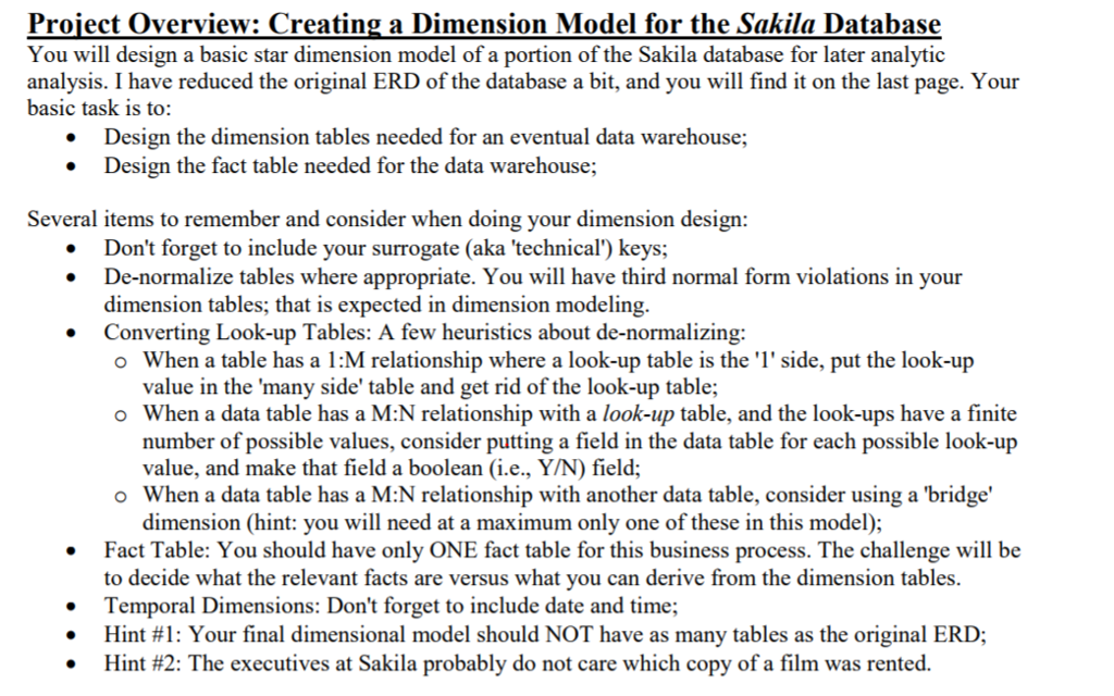 Project Overview: Creating a Dimension Model for the | Chegg.com