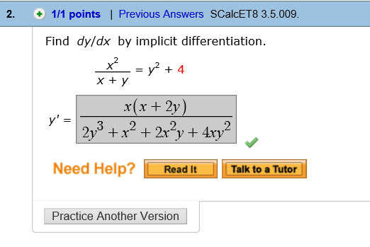 Solved 2. 1/1 points | Previous Answers SCalcET8 3.5.009. | Chegg.com