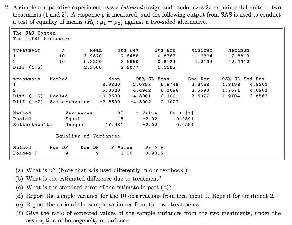 Solved A simple comparative experiment uses a balanced | Chegg.com