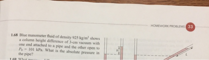 Solved Blue manometer fluid of density 925 kg/m^3 shows a | Chegg.com