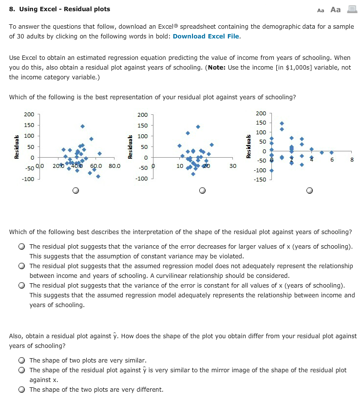 Solved Using Excel - Residual plots To answer the questions | Chegg.com