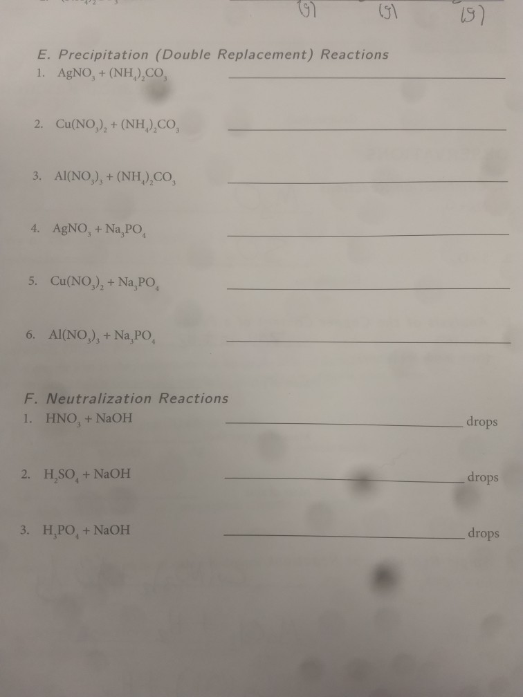 Solved E. Precipitation (Double Replacement) Reactions 1. | Chegg.com