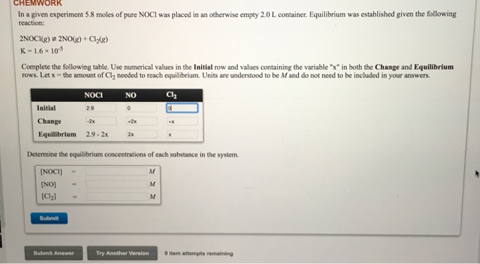 Solved In a given experiment 5.8 moles of pure NOCl was | Chegg.com