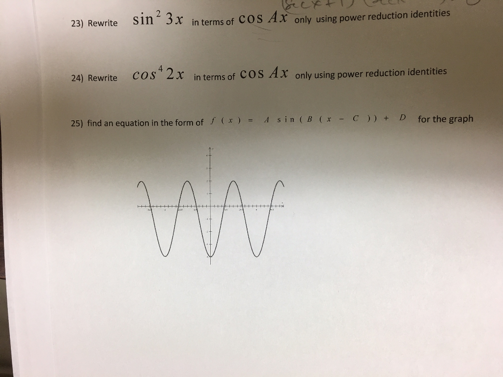 Solved Rewrite Sin^2 3x interms of cos Ax only using power | Chegg.com