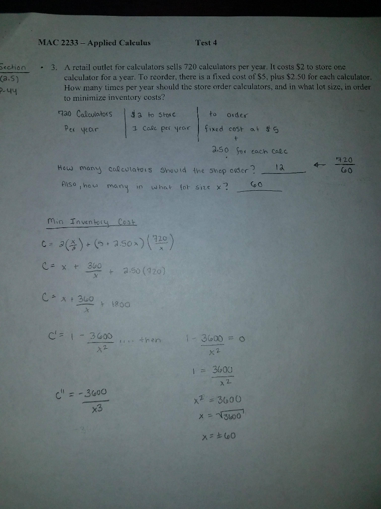 Solved MAC 2233-Applied Calculus Test 4 Section (a.5) A | Chegg.com