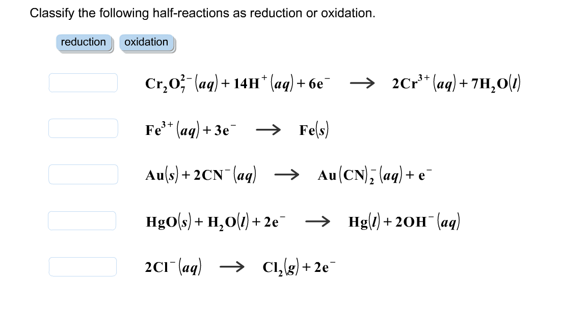 Solved Classify the following half-reaction as reduction or | Chegg.com