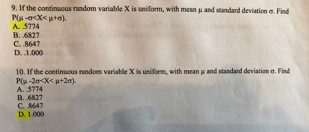 Solved 9. If the continuous random variable X is uniform, | Chegg.com