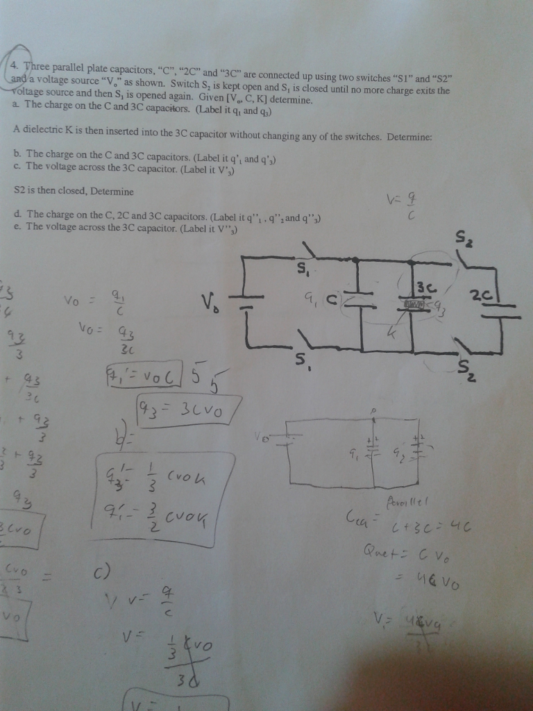 Solved 4. Three parallel plate capacitors, "C","2C" and "3C" | Chegg.com