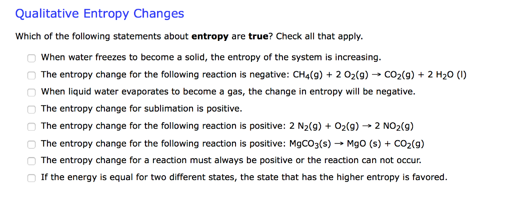 Solved Qualitative Entropy Changes Which of the following | Chegg.com