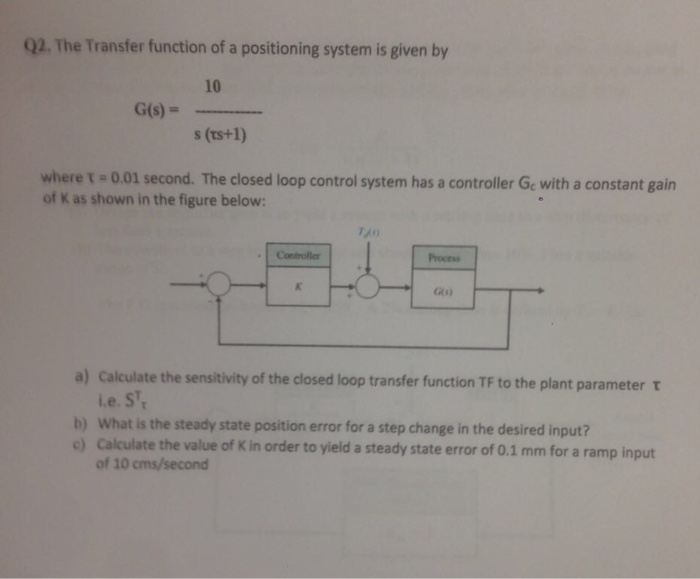 Solved The Transfer function of a positioning system is | Chegg.com