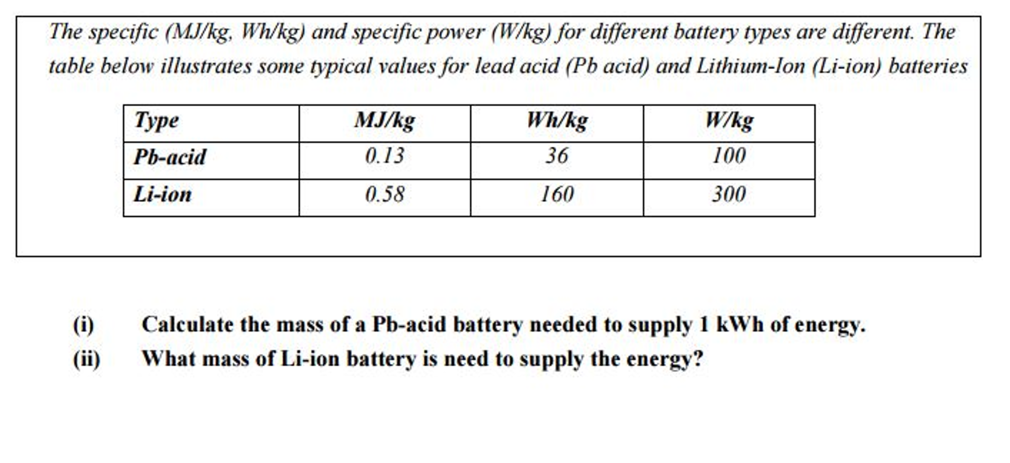 Solved The Specific MJ kg Wh kg And Specific Power W kg Chegg Solved The Specific MJ kg Wh kg And Specific Power W kg Chegg