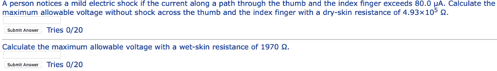 Solved A person notices a mild electric shock if the current | Chegg.com