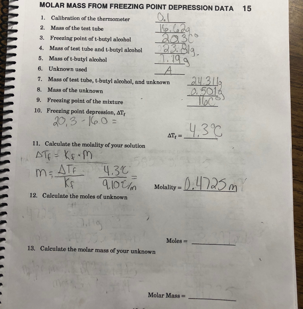 Solved 15 MOLAR MASS FROM FREEZING POINT DEPRESSION DATA 1. | Chegg.com