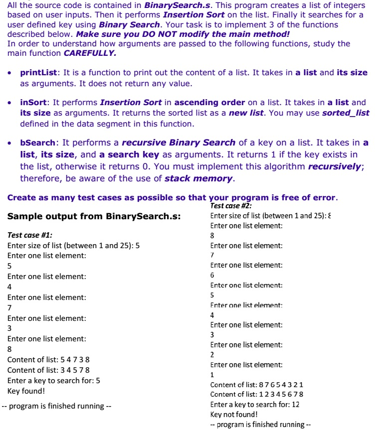 Solved All the source code is contained in BinarySearch.s. | Chegg.com