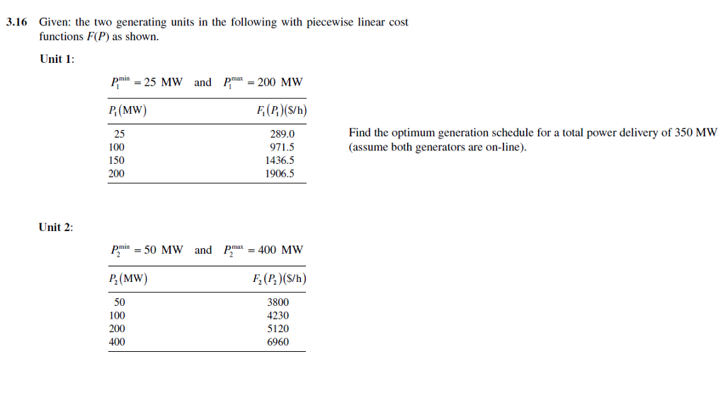 Solved 3.16 Given: the two generating units in the following | Chegg.com