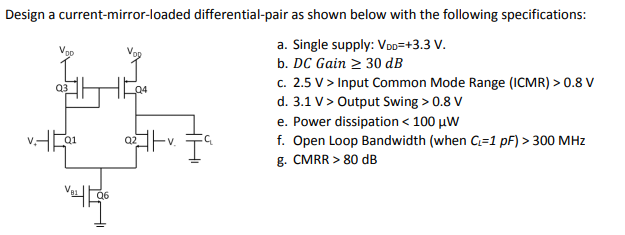 Design a current-mirror-loaded differential-pair as | Chegg.com