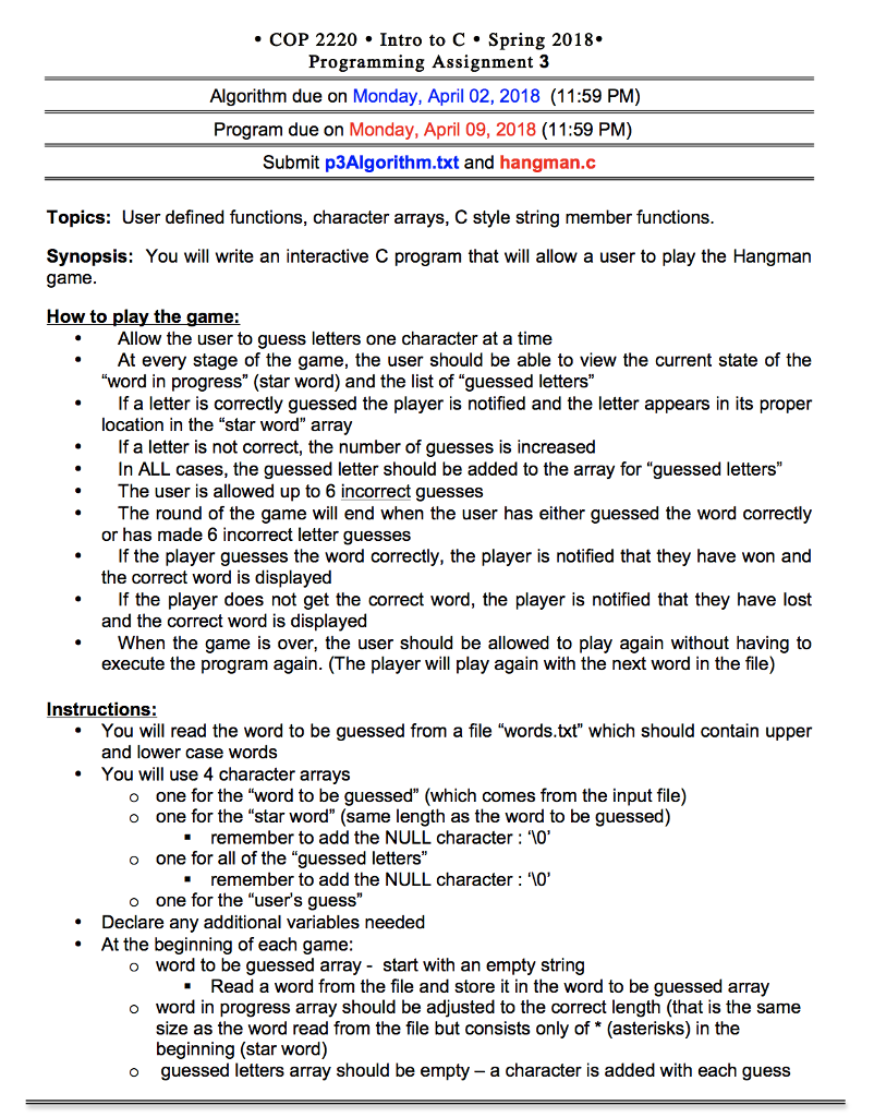 COP 2220 * Intro to C * Spring 2018* Programming | Chegg.com