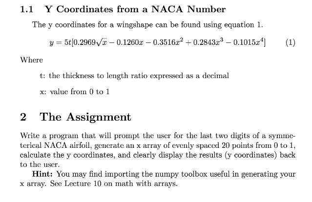 Solved 1.1 Y Coordinates from a NACA Number The y | Chegg.com