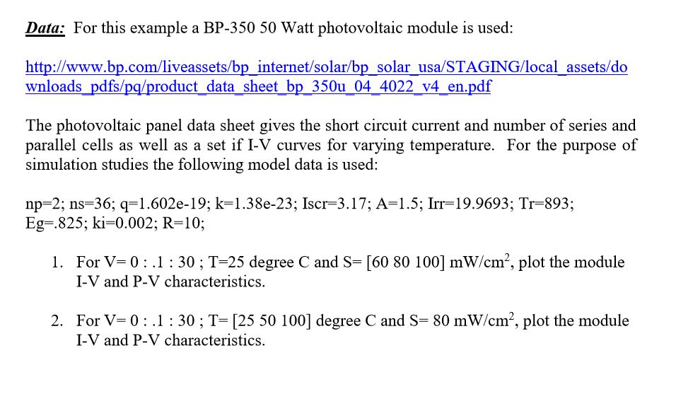 Solved Study of An Example PV Pannel Definition of | Chegg.com