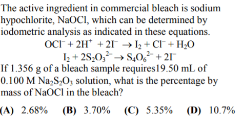 Solved The active ingredient in commercial bleach is sodium | Chegg.com