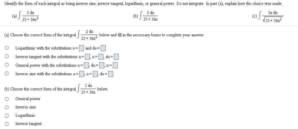 Solved Identify the form of each integral as being inverse | Chegg.com