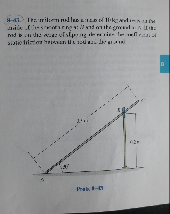 Solved 8-43. The uniform rod has a mass of 10 kg and rests | Chegg.com