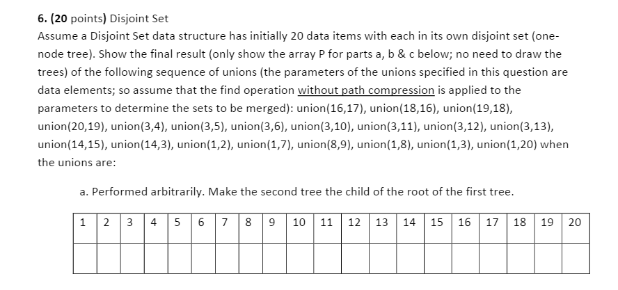 Solved 6. (20 points) Disjoint Set Assume a Disjoint Set | Chegg.com