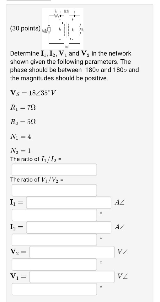 Solved (30 points) u( ) )R deal Determine I1,I2, V1 and V2 | Chegg.com