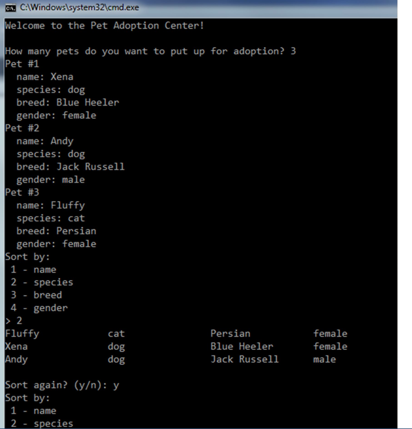 Solved create a Pet Adoption Program which uses a dynamic 2D | Chegg.com