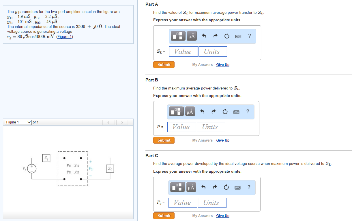 Solved The y parameters for the two-port amplifier circuit | Chegg.com