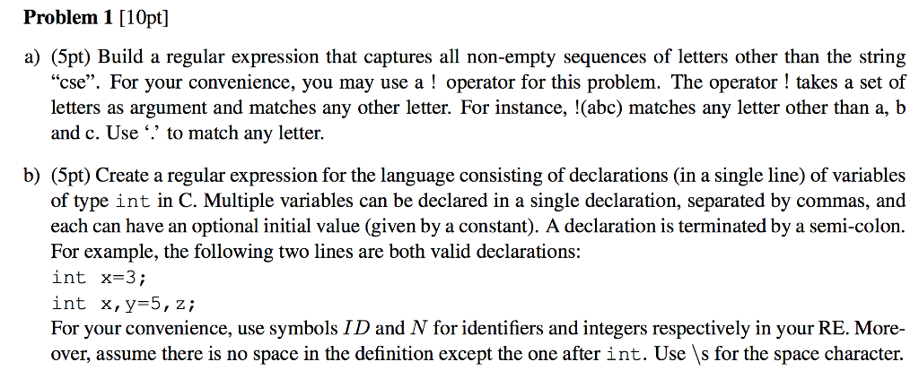 Solved Problem 1 [10pt] a) (5pt) Build a regular expression | Chegg.com
