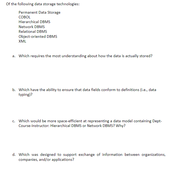 Solved Of the following data storage technologies: | Chegg.com