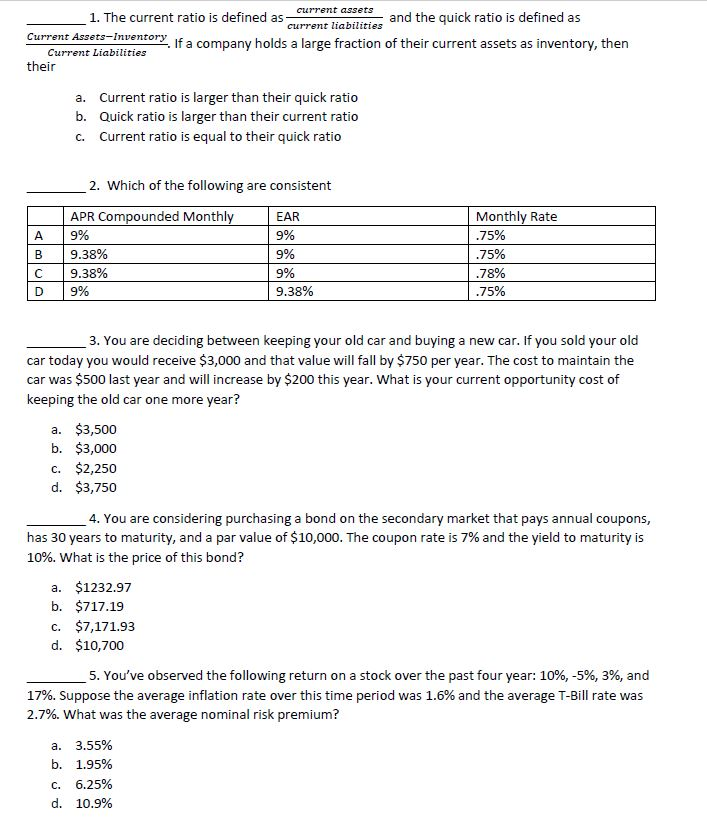 Solved current assets 1. The current ratio is defined as and | Chegg.com