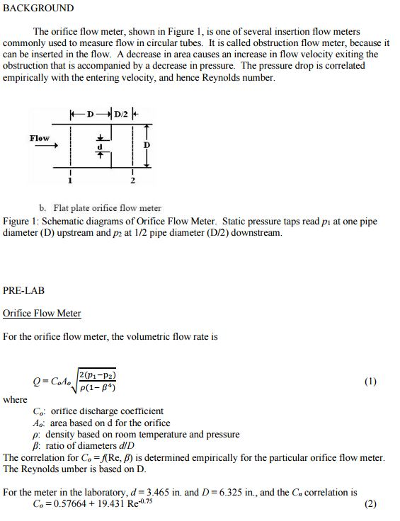 Solved The orifice flow meter, shown in Figure 1, is one of | Chegg.com