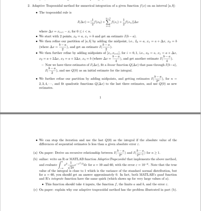 Solved Adaptive Trapezoidal method for numerical integration | Chegg.com