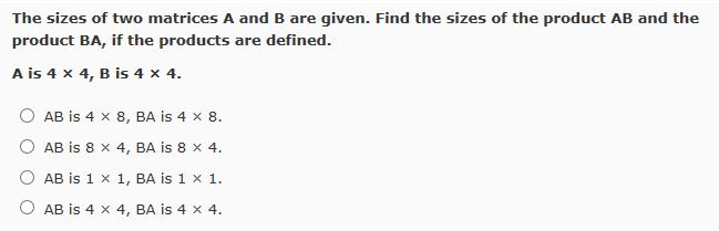 Solved The sizes of two matrices A and B are given. Find the | Chegg.com