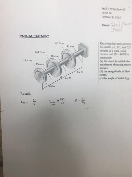 Solved Recall, tau_max = Tr/I_p I_p_circbar = pi d^4/32 | Chegg.com