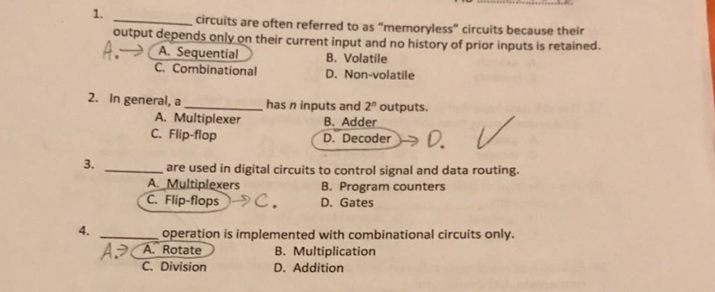 Solved 1. circuits are often referred to as "memoryless" | Chegg.com