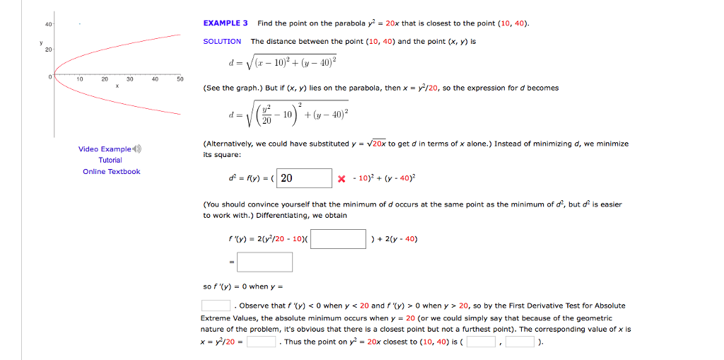 Solved EXAMPLE 3 Find the point on the parabola y 20x that | Chegg.com