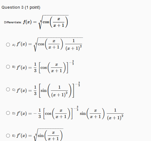 Solved Differentiate f(x) = 3 square root cos (x/x+) f' (x) | Chegg.com Solved Differentiate f(x) = 3 square root cos (x/x+) f' (x) | Chegg.com