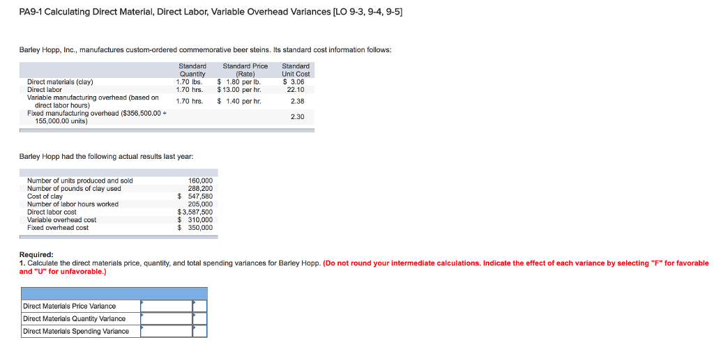 Solved PA9-1 Calculating Direct Material, Direct Labor, | Chegg.com