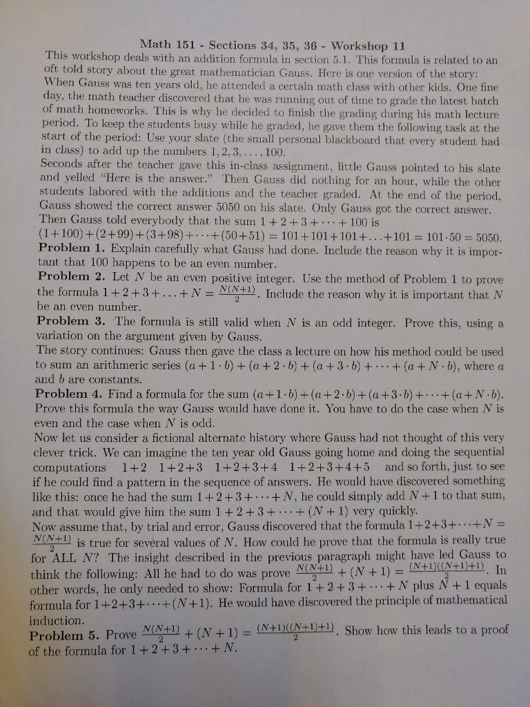 Solved Math 151 - Sections 34, 35, 36 - Workshop 11 This | Chegg.com