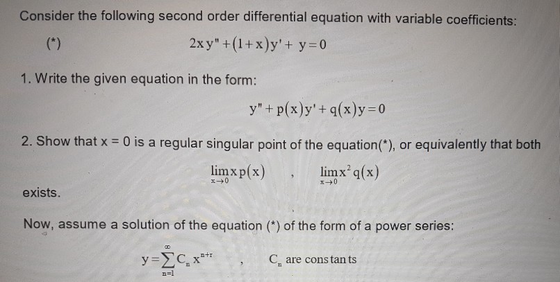 Solved Consider The Following Second Order Differential