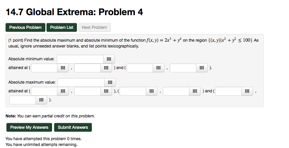 Solved 14.7 Global Extrema: Problem 3 Previous Problem | Chegg.com