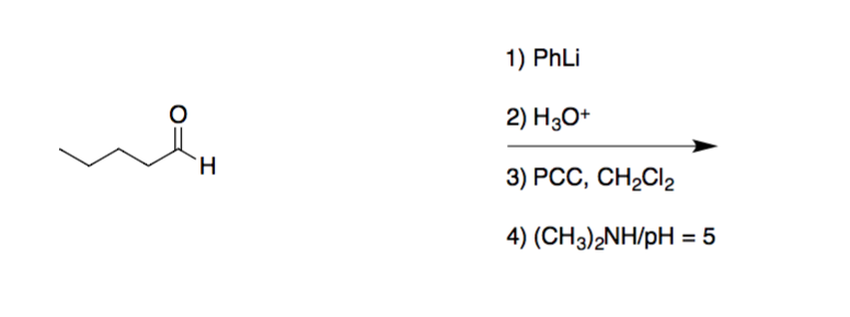 Solved 1) PhLi 2) H30+ 3) PCC, CH2Cl2 4) (CH3)2NH/pH = 5 | Chegg.com